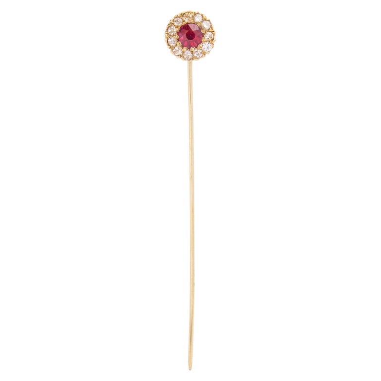 18 Karat Gold, Red Paste, and Diamond Stick Pin For Sale at 1stDibs