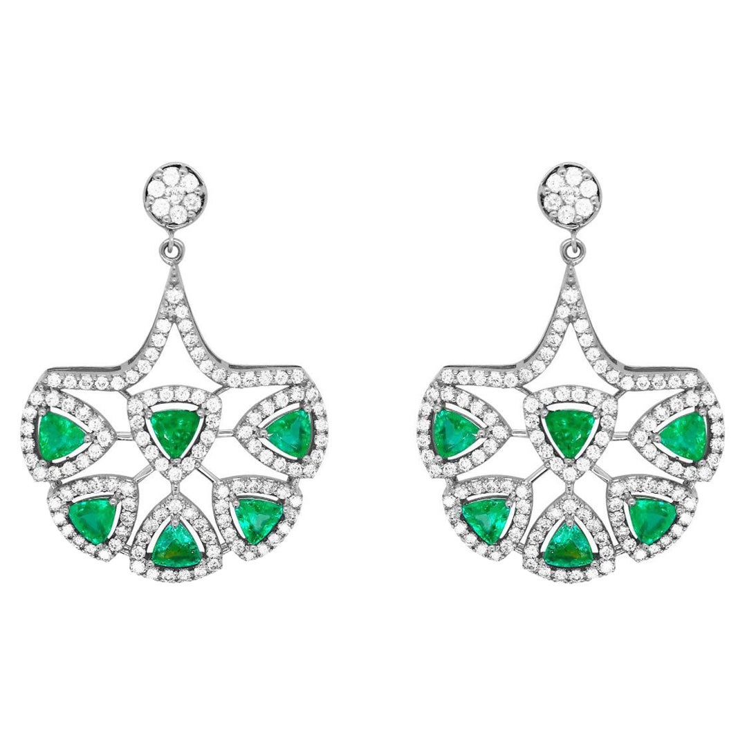 Diamond and Emerald Antique Style Drop Earrings in 14K White Gold For ...