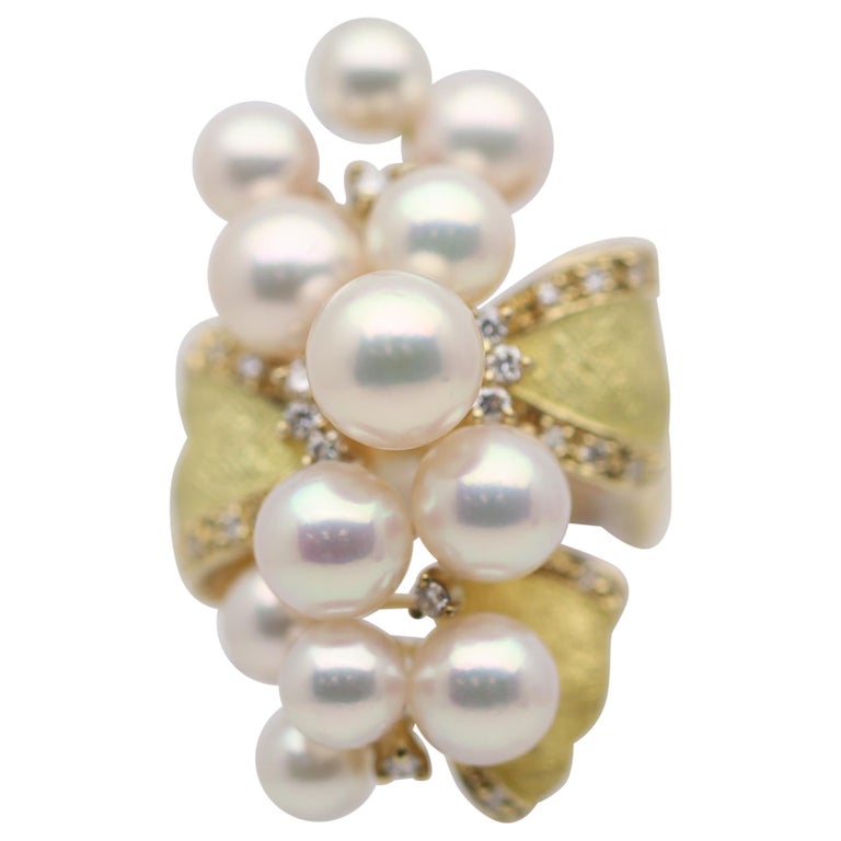 Akoya Pearl Cluster Diamond Gold Cocktail Ring For Sale at 1stDibs