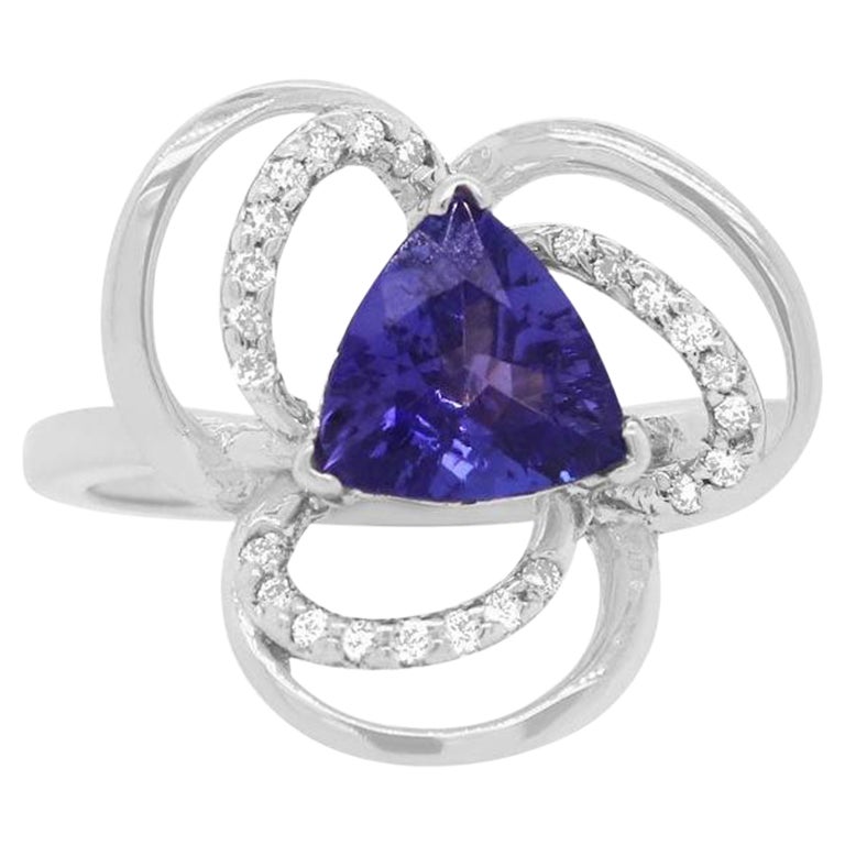 Trillion Cut Tanzanite Round Brilliant Diamond Cocktail Ring 14K White ...