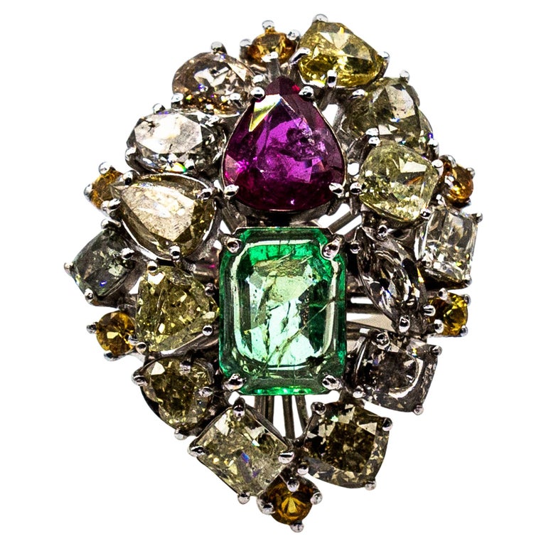 Art Deco Style Mixed Cut Diamond Emerald Pear Cut Ruby White Gold ...