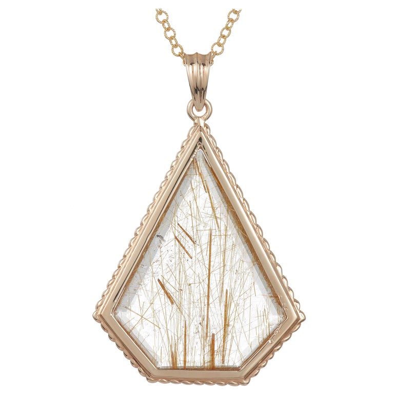 38.15 Carat Diamond Shape Rutilated Quartz Pendant in 14 Karat Yellow ...