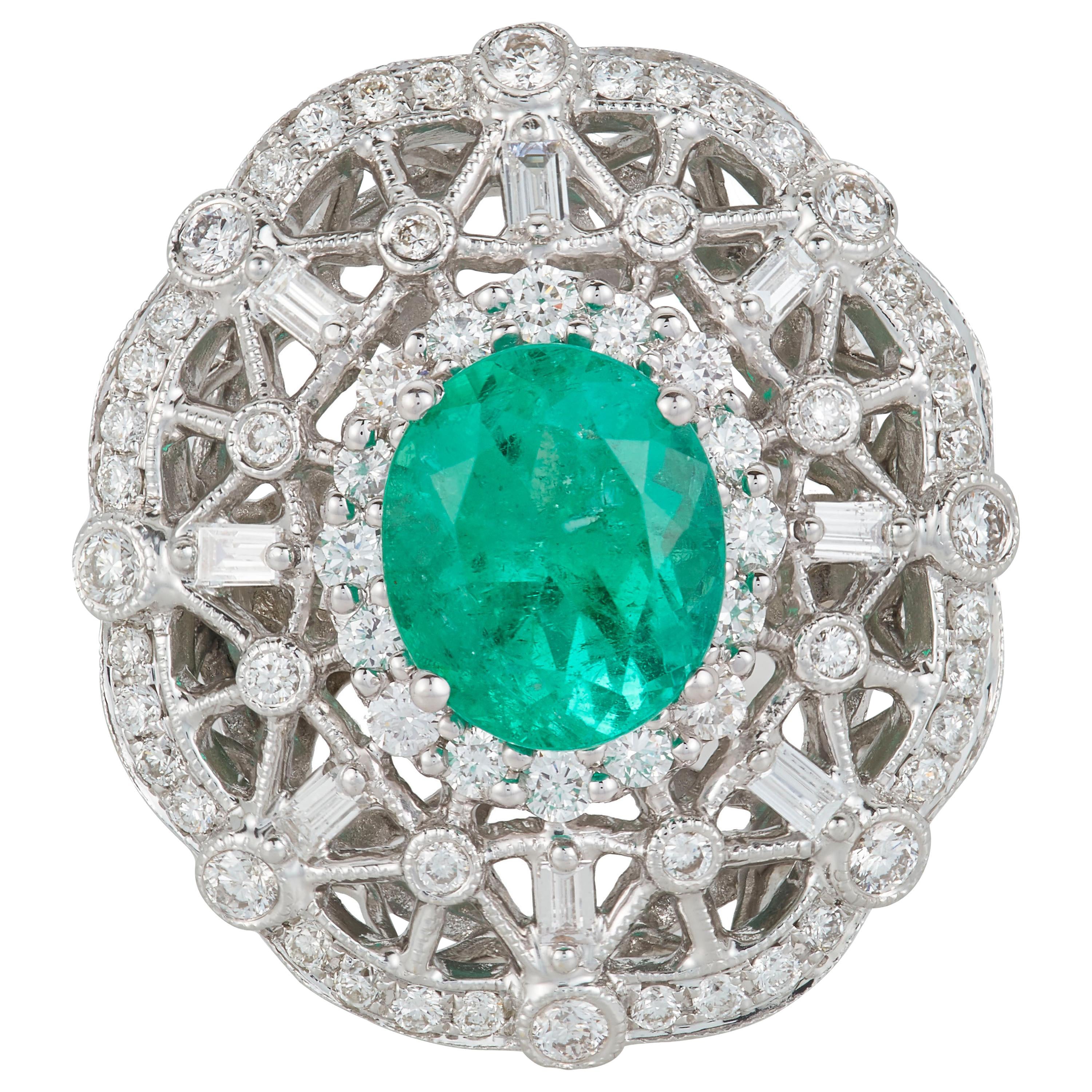Art Deco Style Ring 18 Karat White Gold Diamonds and Green Emerald Art ...