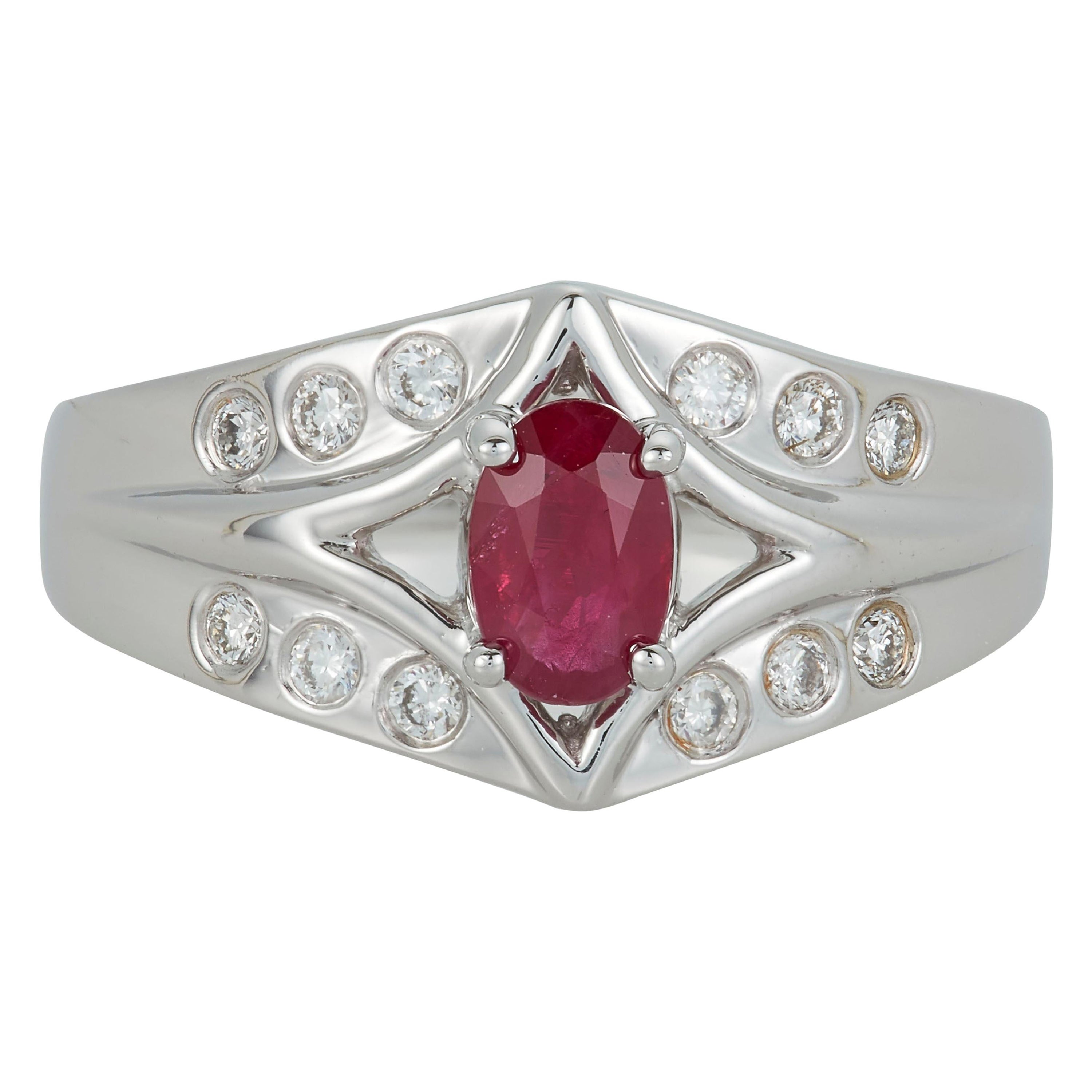 14 Karat White Gold Fashion Oval Ruby Solitaire Ring with Encircling ...