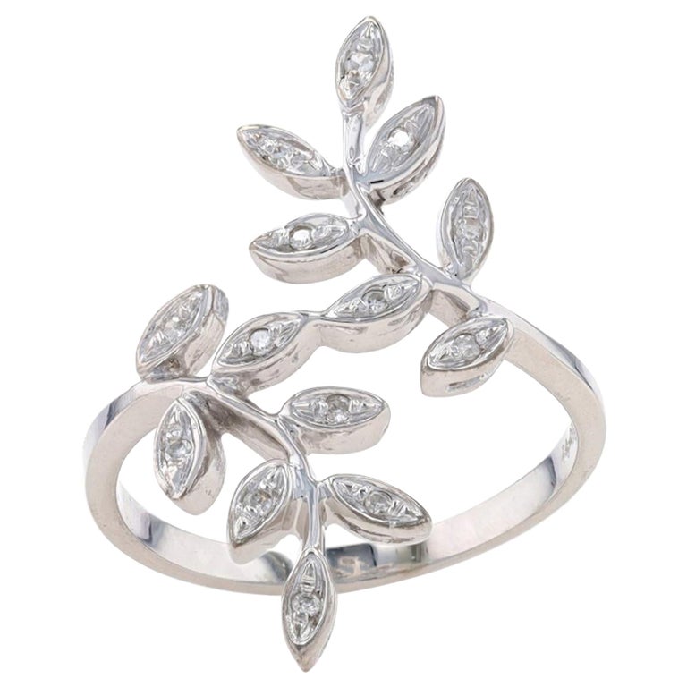 White Gold Diamond Botanical Bypass Ring 14k Single Cut .10ctw Vines ...