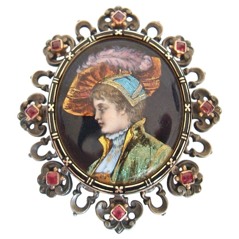 Renaissance Revival Limoges Enamel Brooch, Rubellite, Gold and Silver ...
