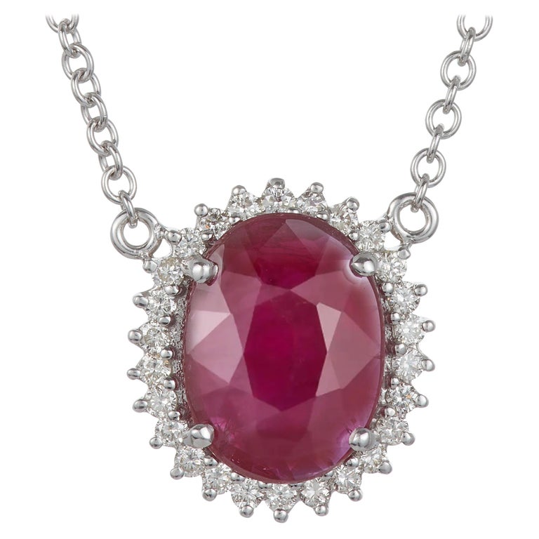 2.26 Carat Oval Shaped Ruby White Diamond Halo Pendant Necklace 14 ...