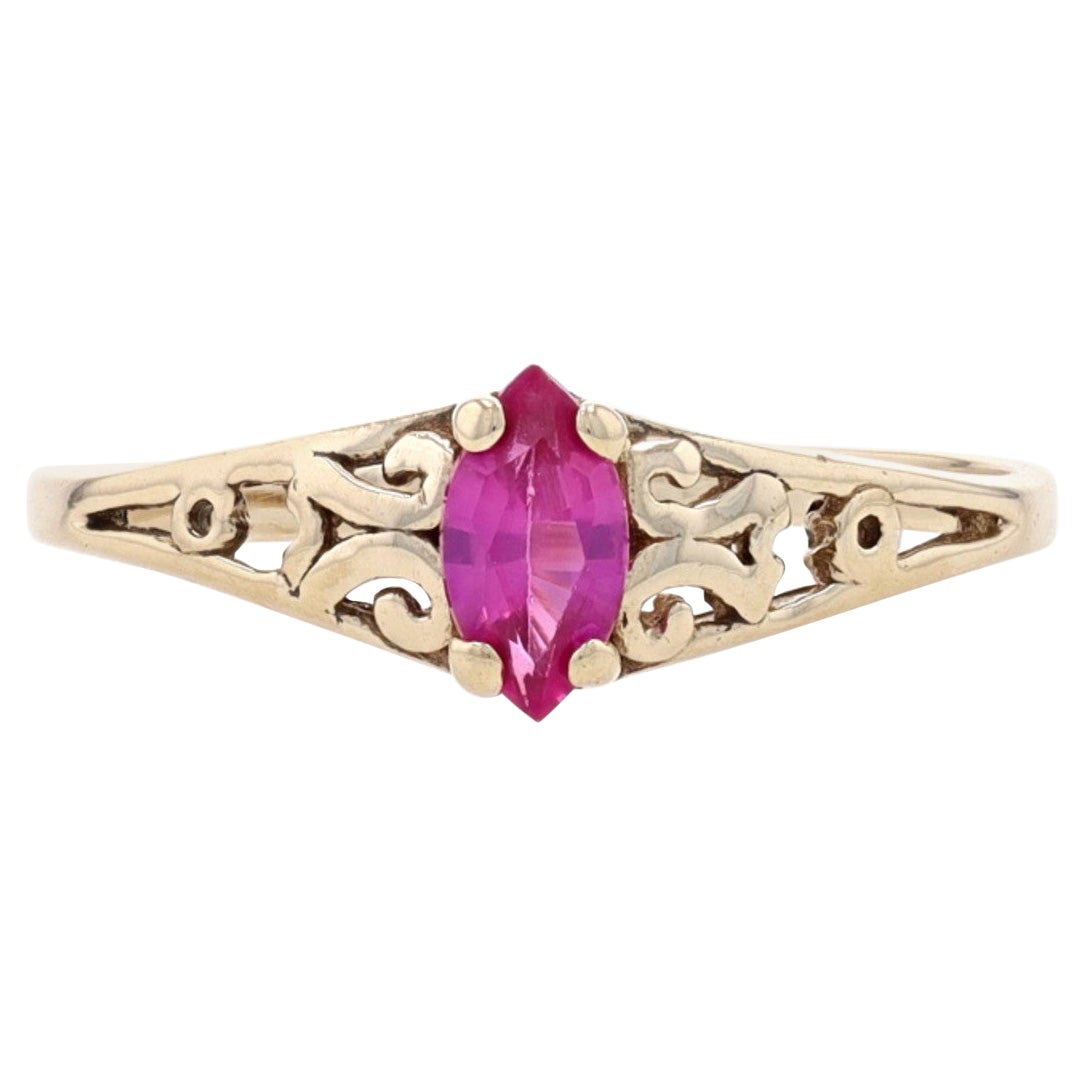 Yellow Gold Synthetic Ruby Solitaire Ring 10k Marquise .35ct Scrollwork ...