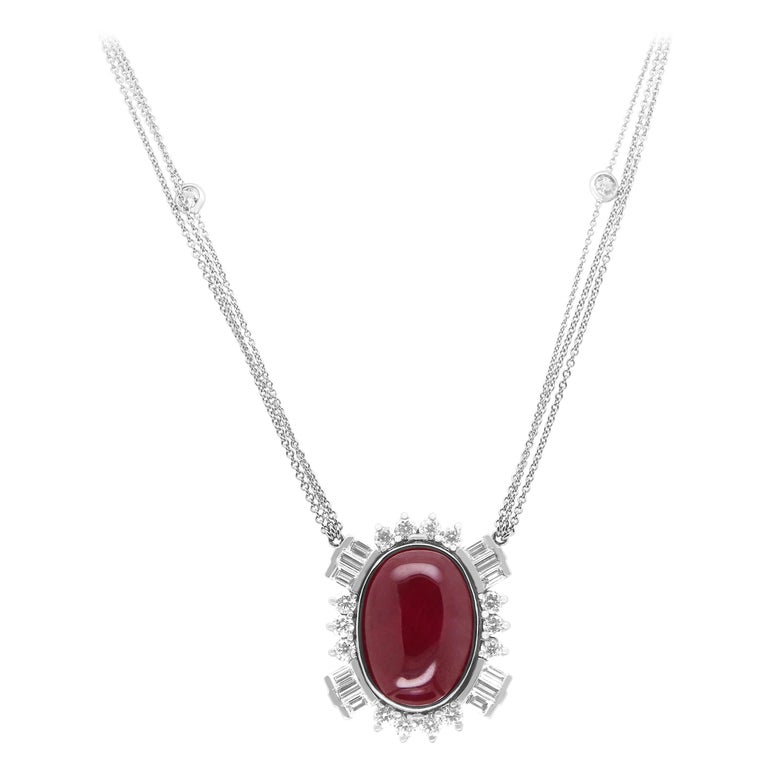 Two Sided Cabochon and Faceted Ruby Oval Baguette Diamond Necklace by ...
