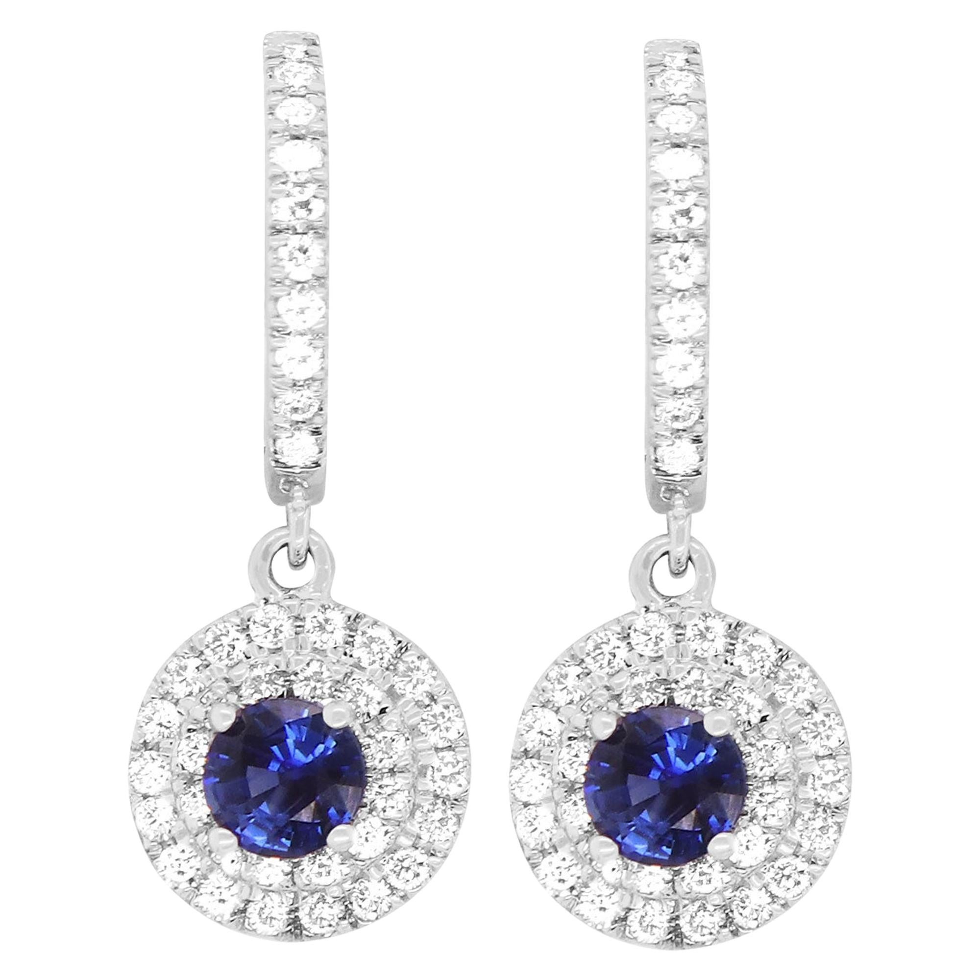 Blue Sapphire Round Diamond Halo Gold Dangle Leverback Earring at 1stDibs