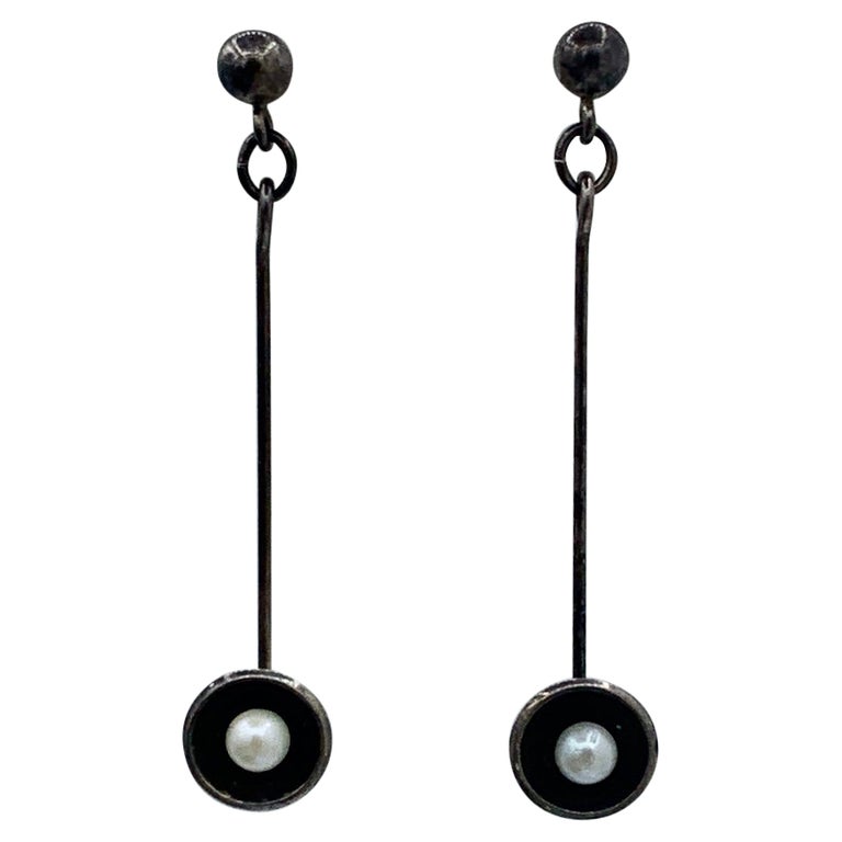 Ed Levin Pearl Earrings Modernist Midcentury Dangle Drop Sterling Silver For Sale at 1stDibs