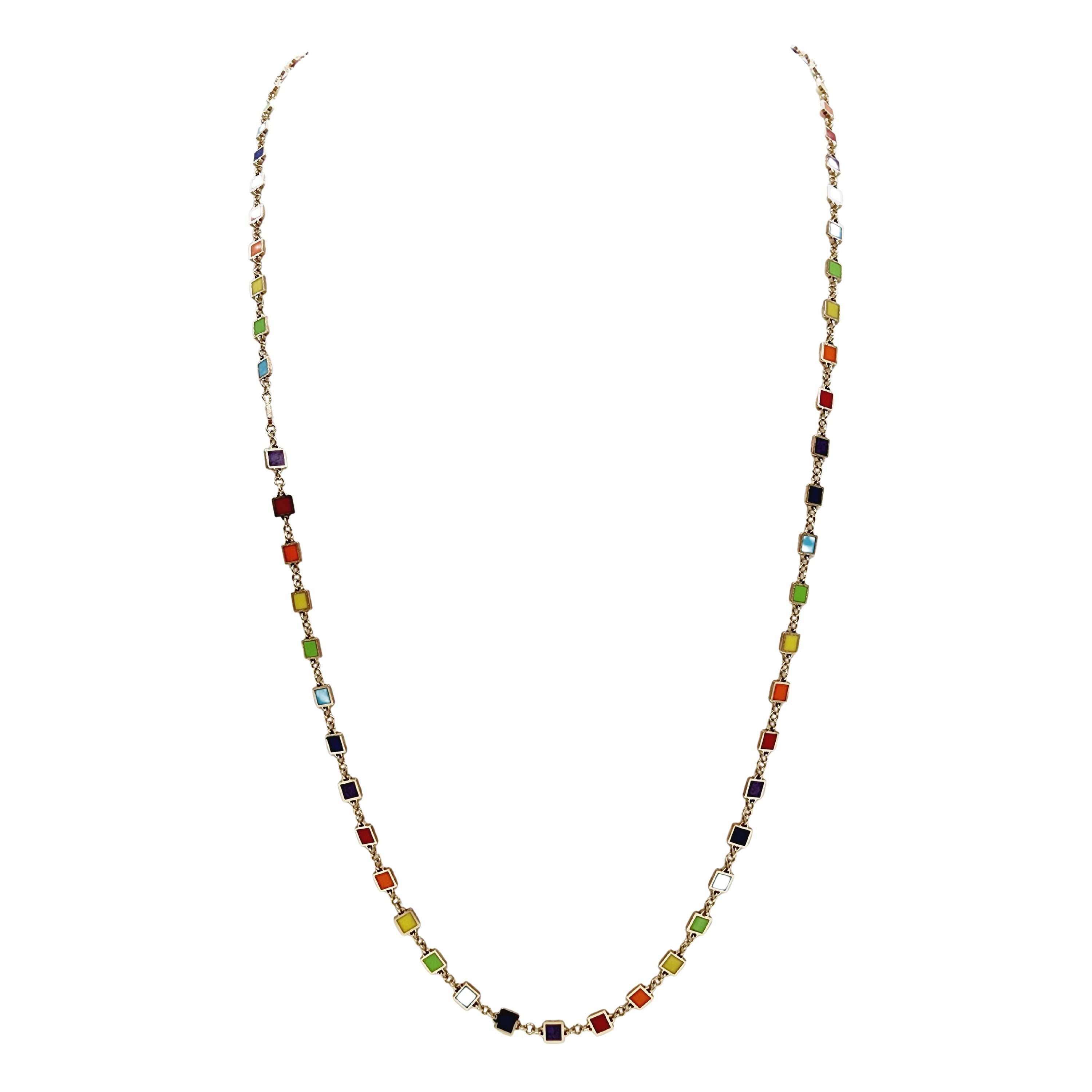 Colorful Mixed Gem Yellow Gold Link Chain Necklace For Sale at 1stDibs