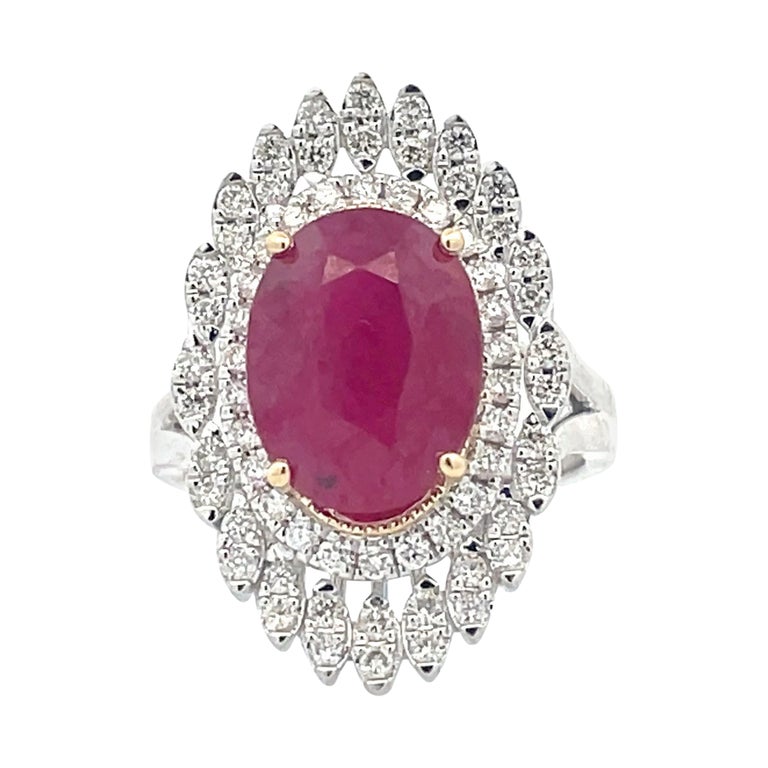 5.45 ct. Oval cut Ruby Diamond Cluster Shield Halo Engagement Ring in ...