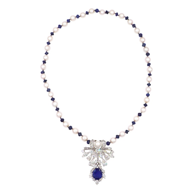 Ceylon Sapphire Diamond Cultured Pearl Pendant Brooch Necklace For Sale ...
