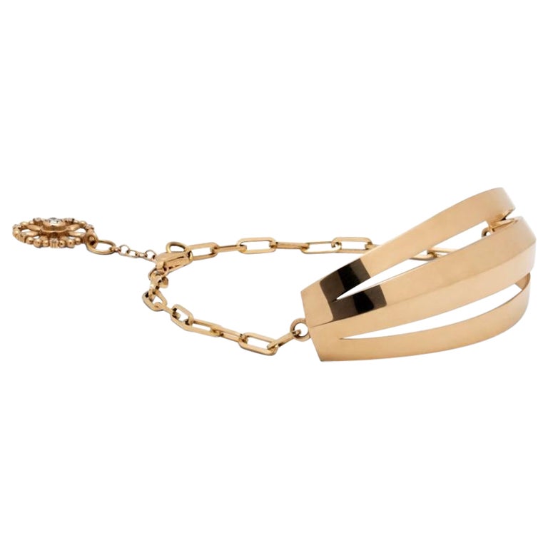 Thick Vented Solid Cuff and Chain Bracelet in 14K Yellow Gold For Sale ...