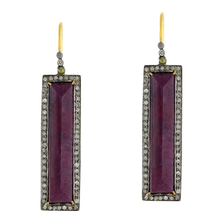 Rectangle Shaped Ruby Earrings Surrounded By Pave Diamonds In 18k Gold ...