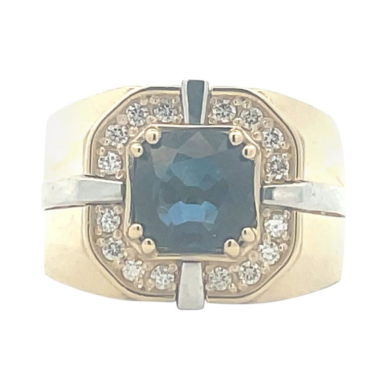 3.20 ct. Cushion Sapphire Diamond Cluster Men''s Signet Ring in 14K ...