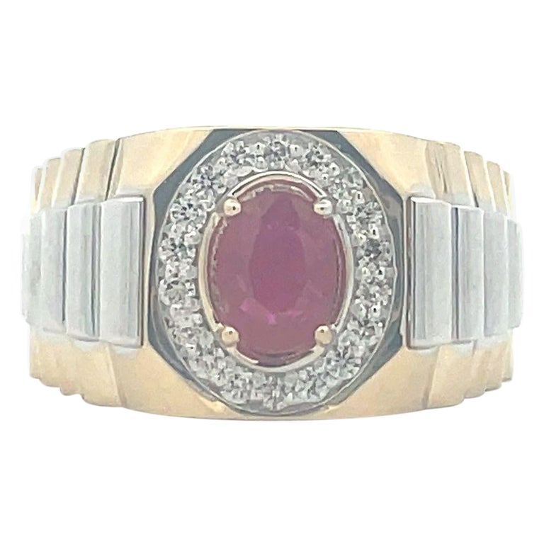0.80 ct. Oval Ruby Diamond Halo Men''s Ring in Two Tone 14K Gold For ...