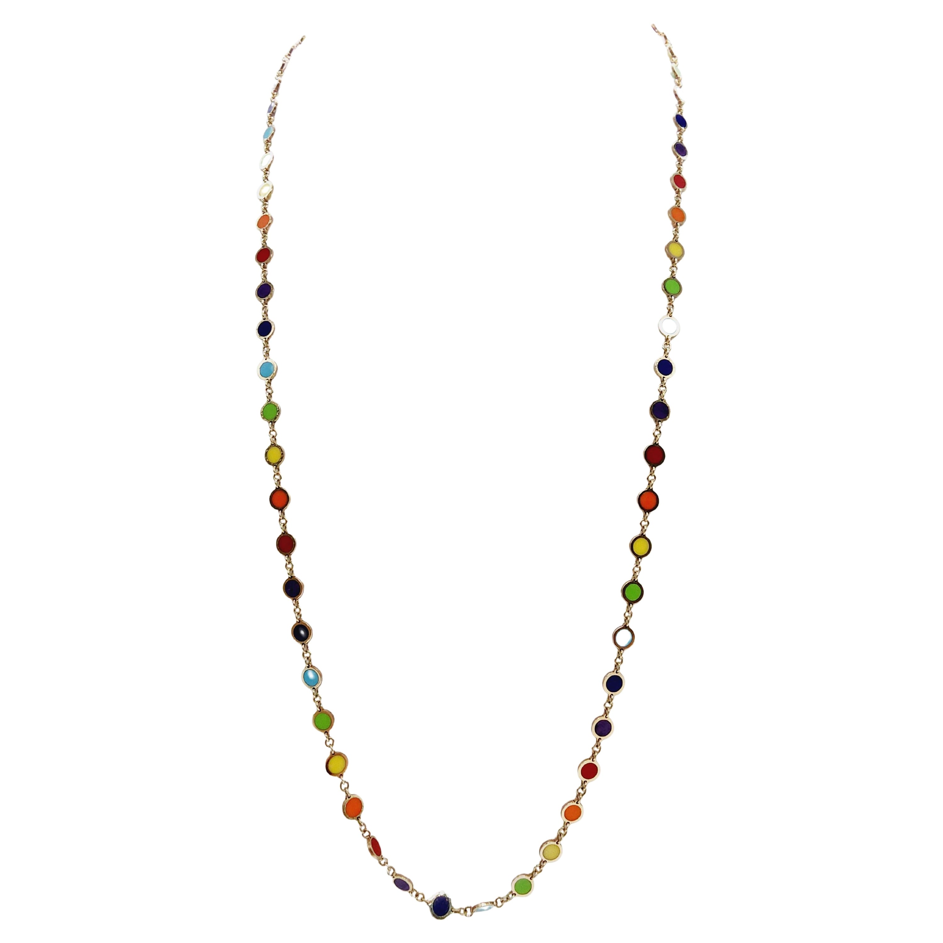 Colorful Mixed Gem Yellow Gold Link Chain Necklace For Sale at 1stDibs