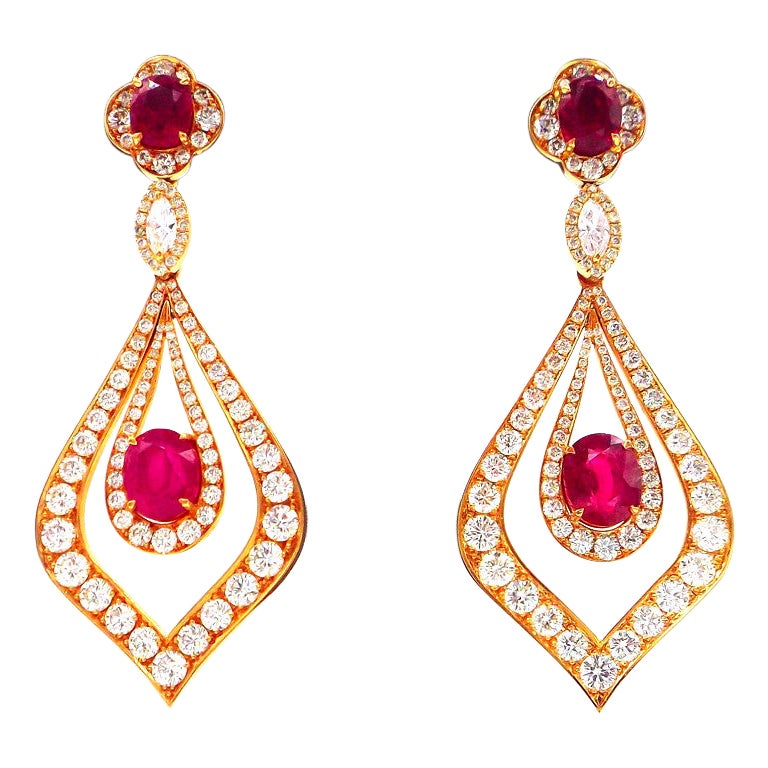 18K Rose Gold Ruby Diamond Pendant Earrings For Sale at 1stDibs