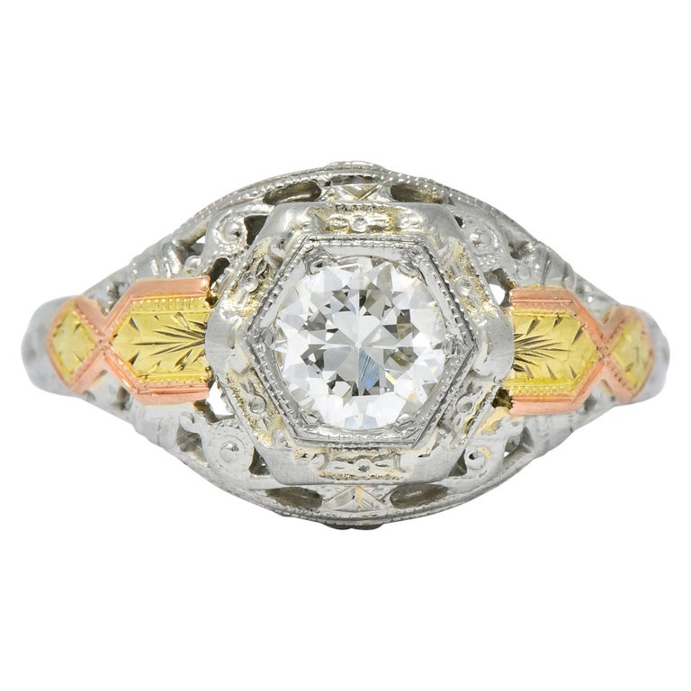 Bud and Blossom Art Deco Diamond 14 Karat Tri-Colored Gold Engagement ...