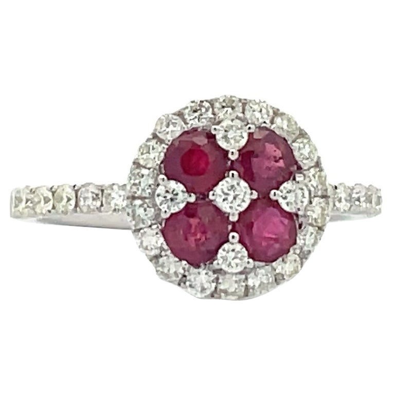 0.85 ct. Clover Design Diamond and Ruby Cluster Ring in 14K White Gold ...