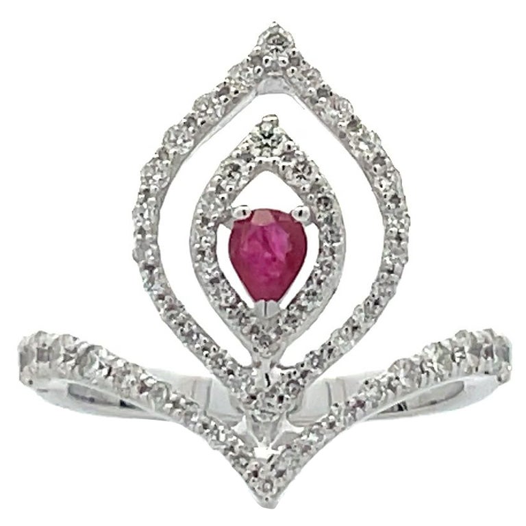 0.21 ct. Pear cut Ruby Diamond Cluster Tiara Cocktail Ring in 14K Gold ...