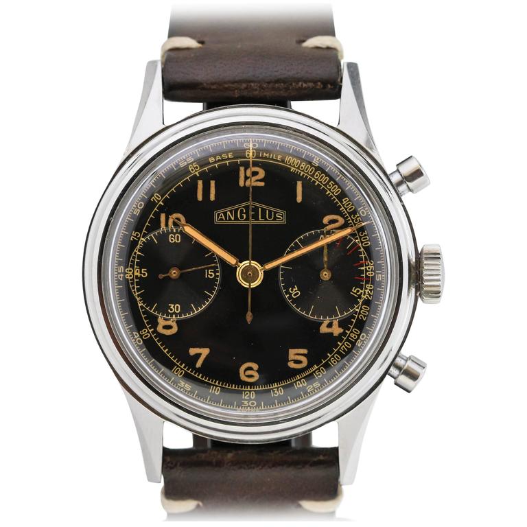 Angelus Stainless Steel Gilt Dial Chronograph Wristwatch at 1stDibs