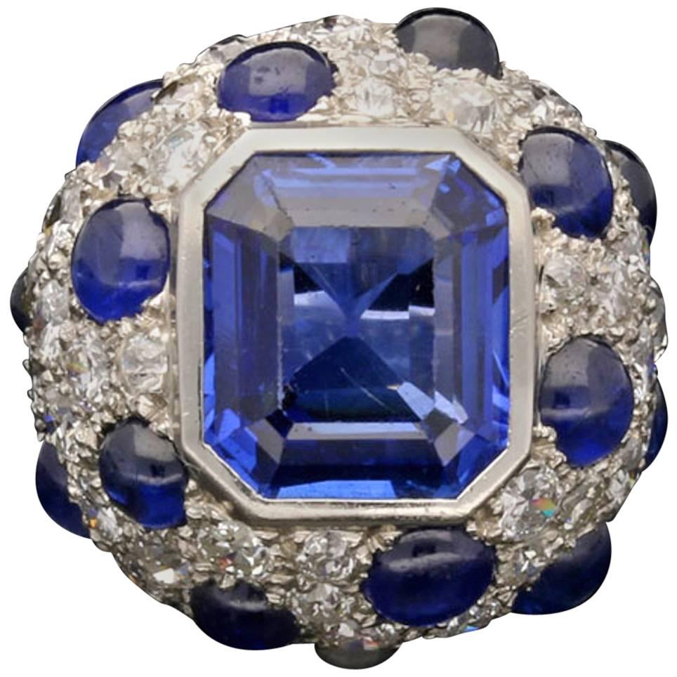 1940s Suzanne Belperron Modèle à Pois Diamond Sapphire Ring at 1stDibs