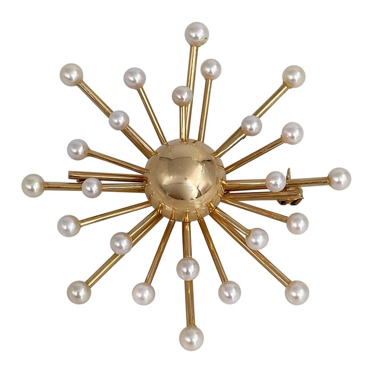 Mid Century 18 Karat Yellow Gold Pearl Starburst Pin Brooch For Sale at ...
