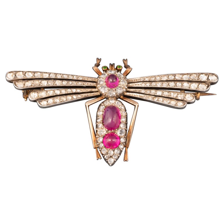 Rubys and Diamonds Antique French Dragonfly Brooch For Sale at 1stDibs