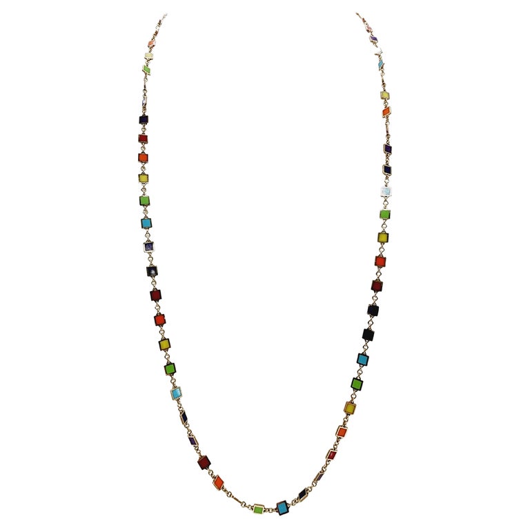 Colourful Mixed Gem Yellow Gold Link Chain Necklace For Sale at 1stDibs