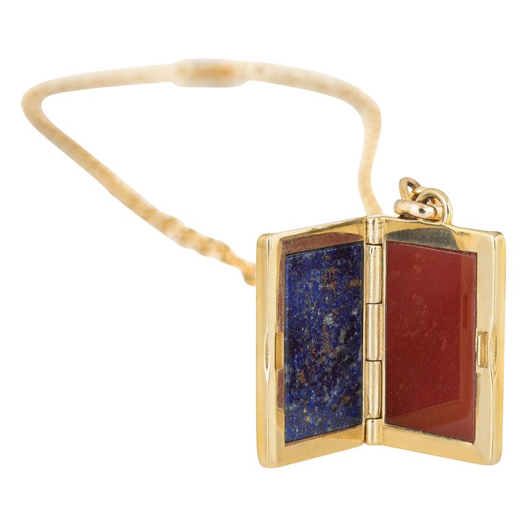 Chalcedony and Lapis 14k Gold Stone Locket For Sale at 1stDibs