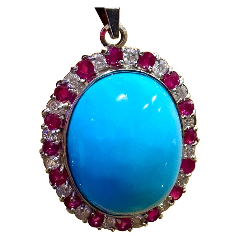 Vintage 105 Ct Natural Oval Sleeping Beauty Turquoise, Ruby and Diamond ...