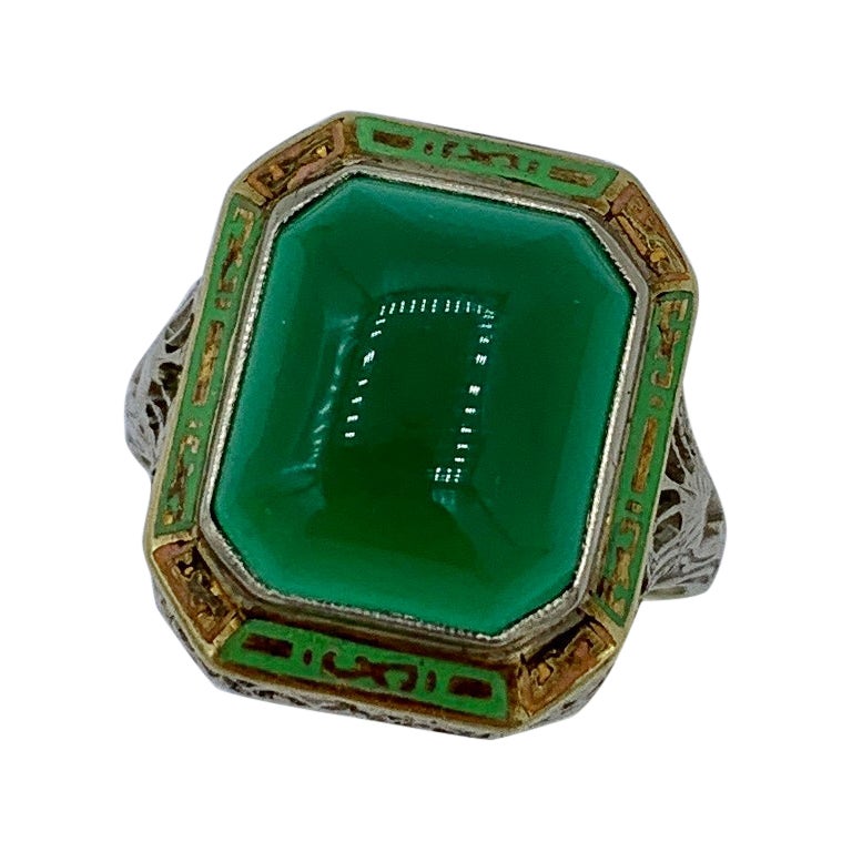 Art Deco Green Onyx Enamel Ring Antique 14 Karat White Gold Filigree ...