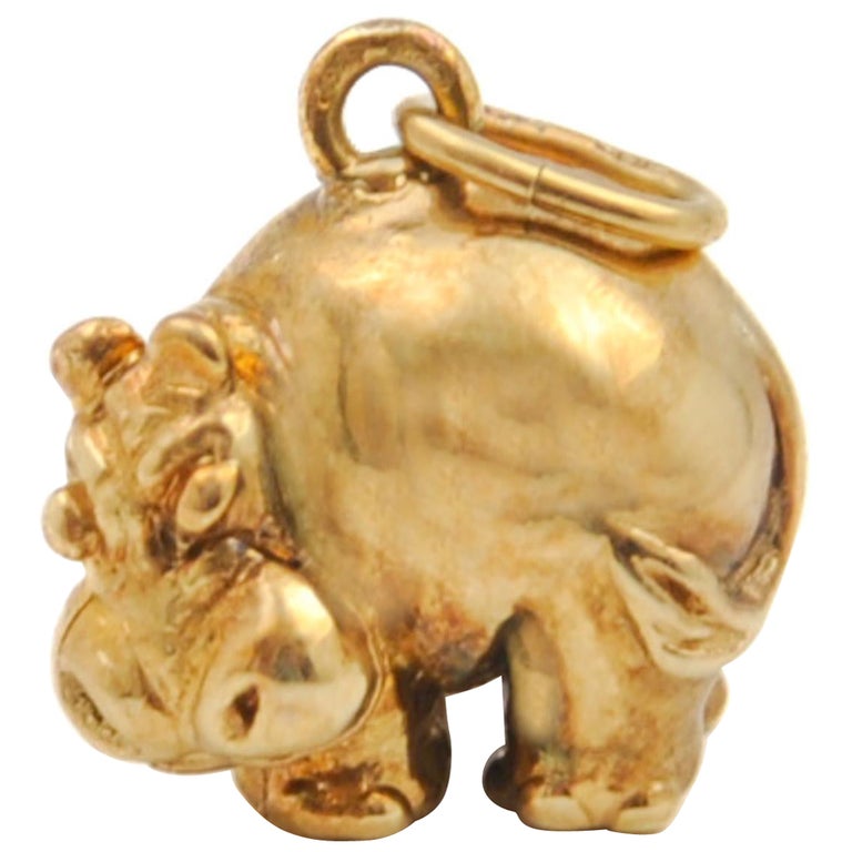 Vintage 14K Gold Hippo Animal Charm Pendant For Sale at 1stDibs