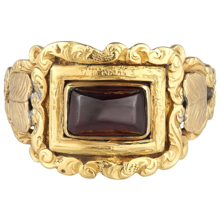 18k Yellow Gold Georgian Garnet Mourning Ring For Sale at 1stDibs