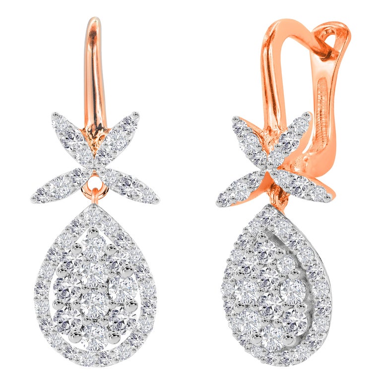 1.20ct Diamond Flower Drop Earrings in 14k Gold For Sale at 1stDibs