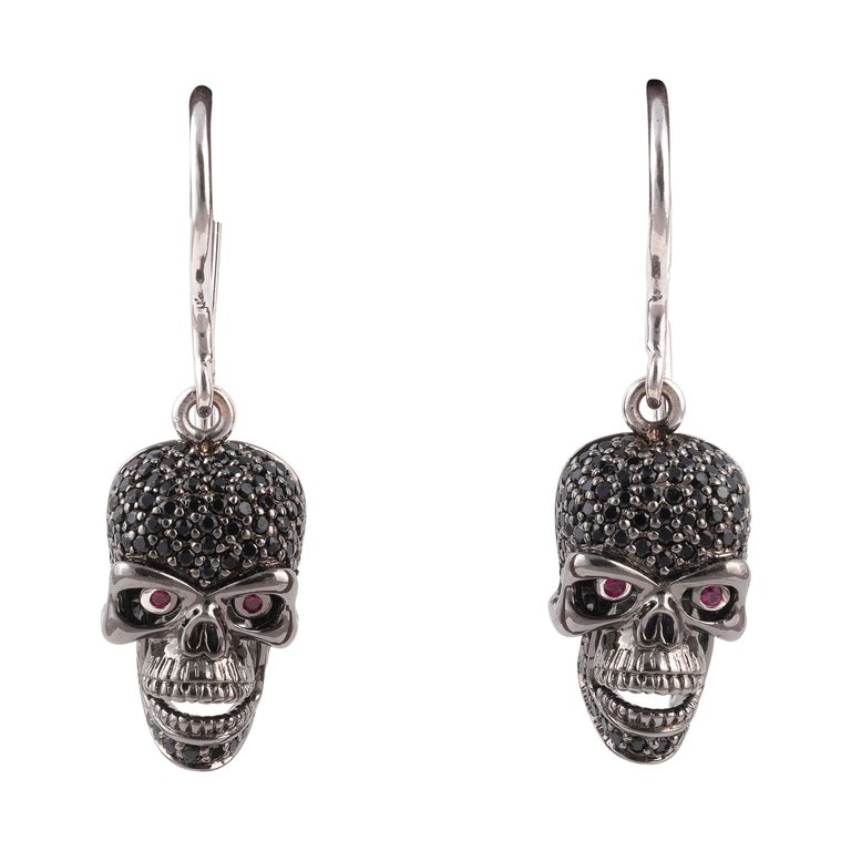 18ct White Gold Pave Set Black Diamond Skull Earrings with Rubies Eyes ...