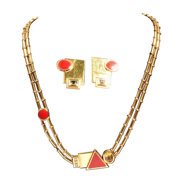 Manfredi Italian Modernist 18K Enamel Gemstone Necklace and Clip-On ...