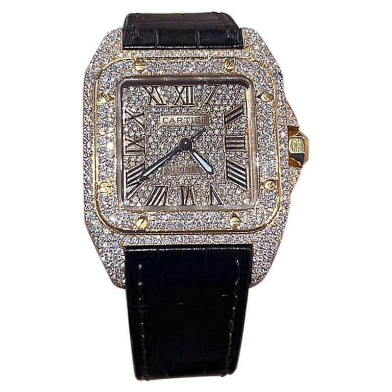 Cartier Santos 100 Rose Gold 33mm Custom Diamond Watch Brown Leather ...
