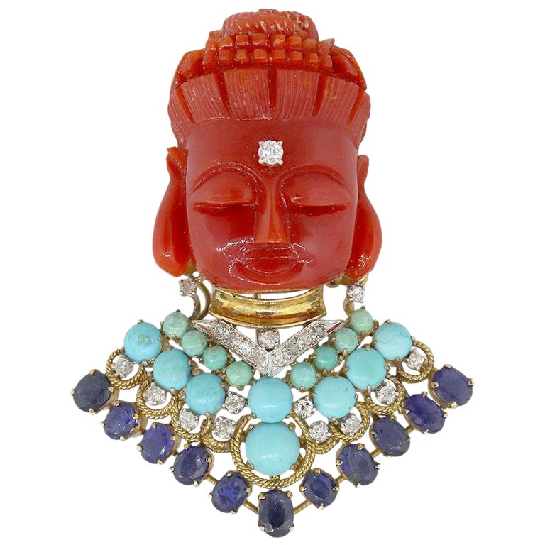 Diamond, Sapphire and Coral Buddha Inspired Pin Pendant For Sale at 1stDibs