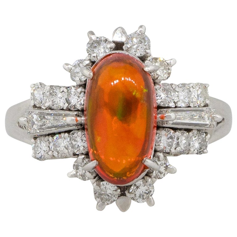 1.57 Carat Fire Oval Opal Cocktail Ring with Diamonds Platinum in Stock ...