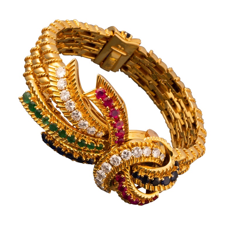 Gold and Precious Stones French Vintage Bracelet For Sale at 1stDibs