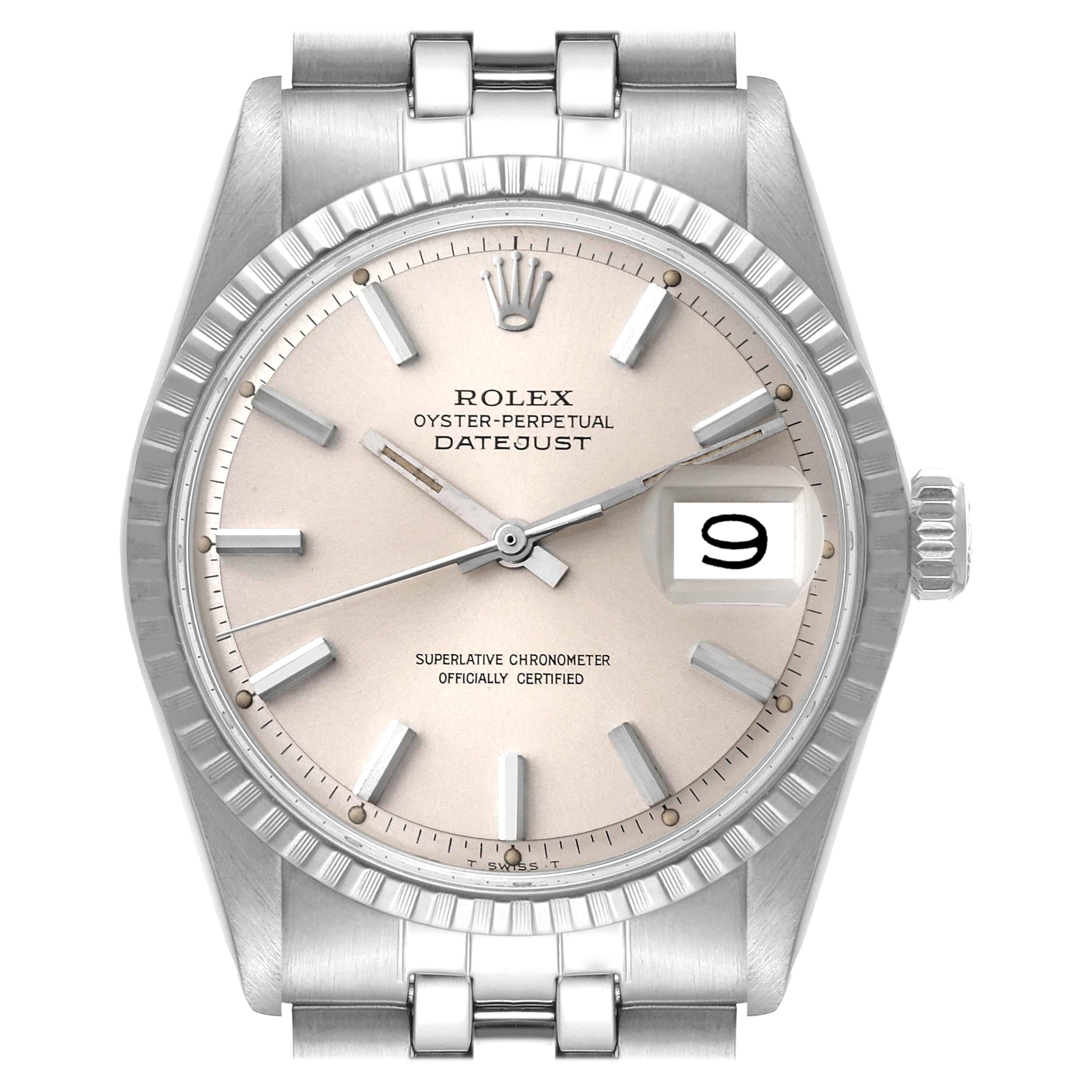 Rolex Datejust Silver Dial Engine Turned Bezel Steel Vintage Mens Watch ...