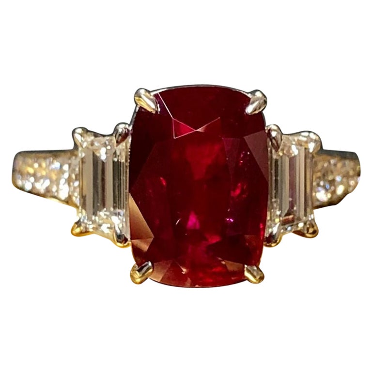 Impressive 5.04ct Cushion Cut GRS Vivid Red Ruby 3-Stone Diamond Ring ...