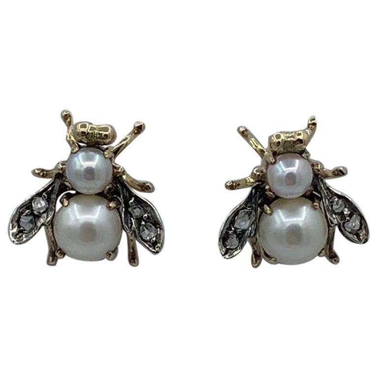 Rose Cut Diamond Pearl Fly Insect Bug Earrings Victorian Antique 14 ...