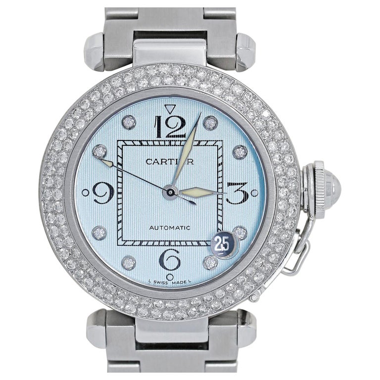Cartier Pasha Ladies Stainless Steel Watch with Baby Blue Diamond Dial ...