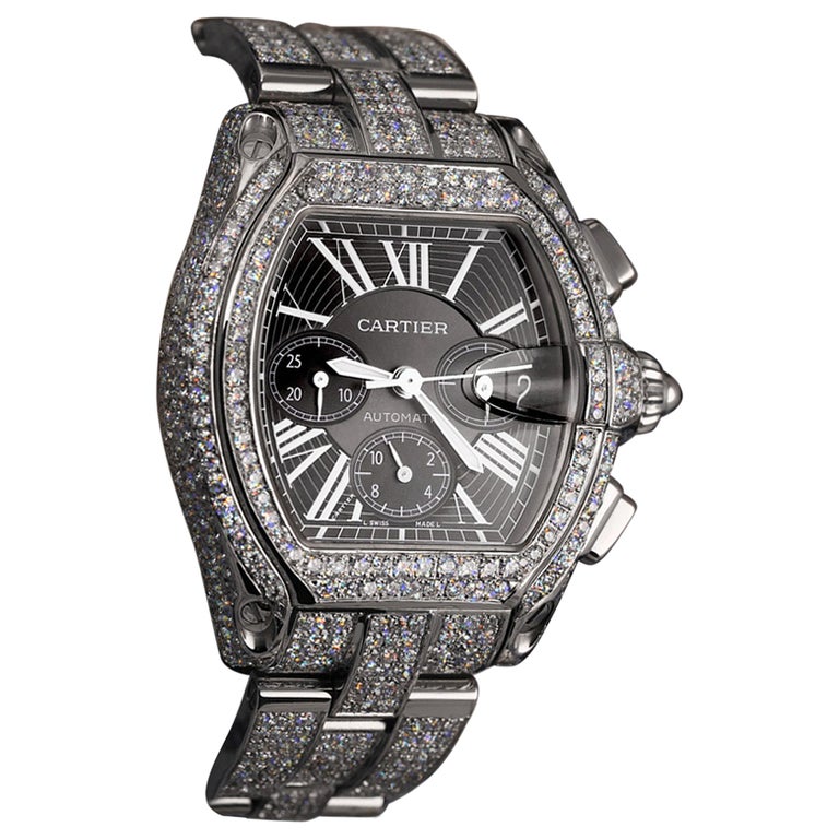 Cartier Roadster Xl W62020x6 Black Dial Stainless Steel Fully Iced Out ...