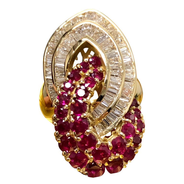 18K Baguette Diamond Ruby Marquise Shaped Cocktail Ring For Sale at 1stDibs